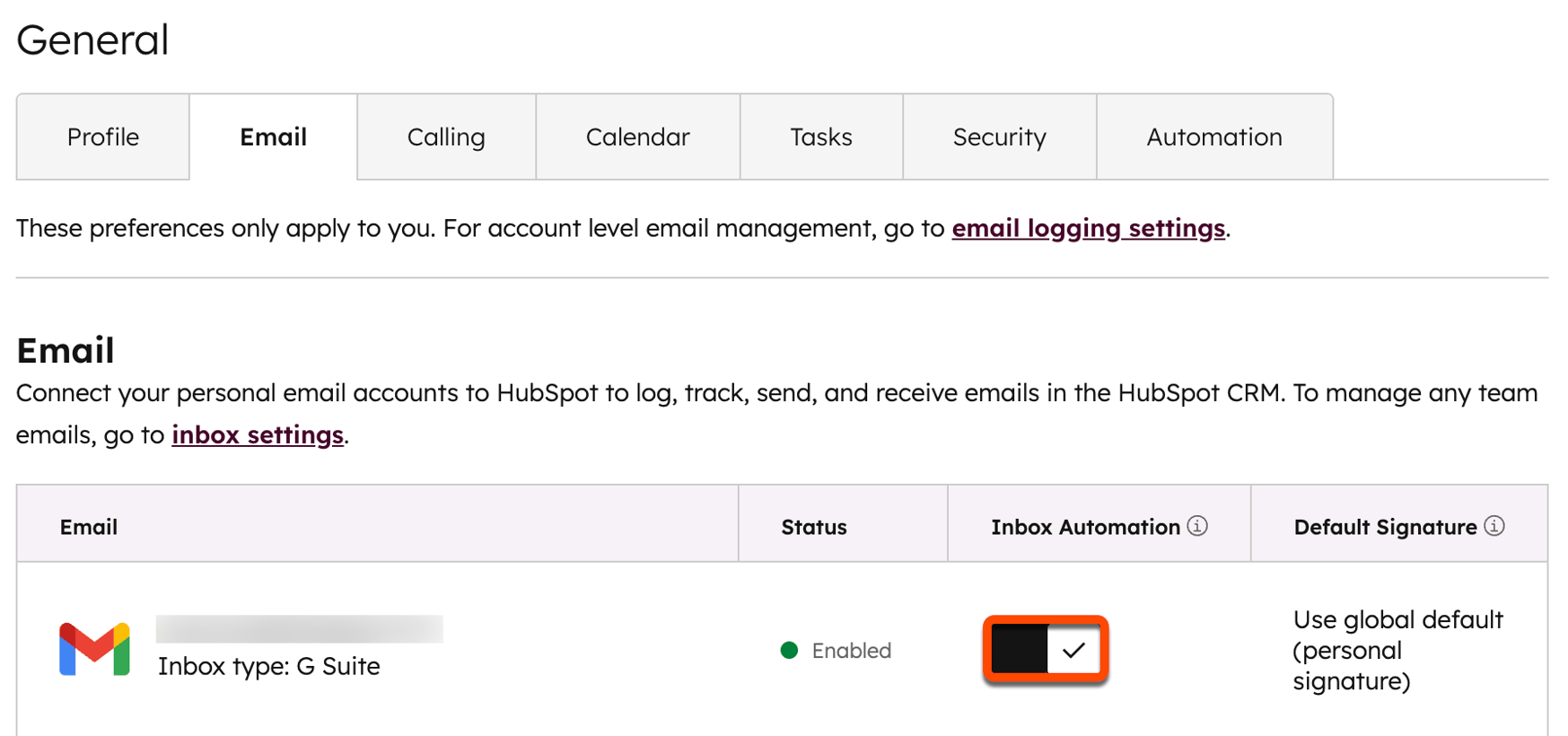 Turn on connected inbox automation